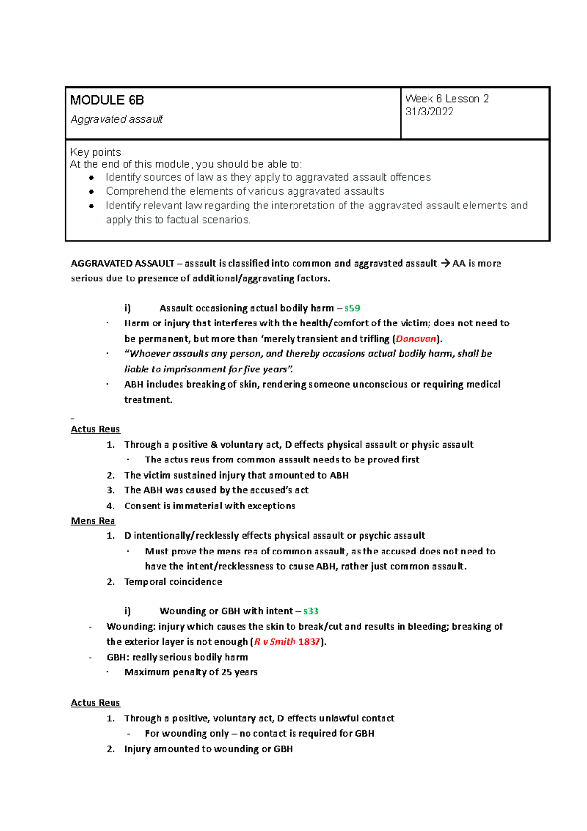 Module 6B aggravated assault - MODULE 6B Aggravated assault Week 6 Lesson 2 31/3/ Key points At ...