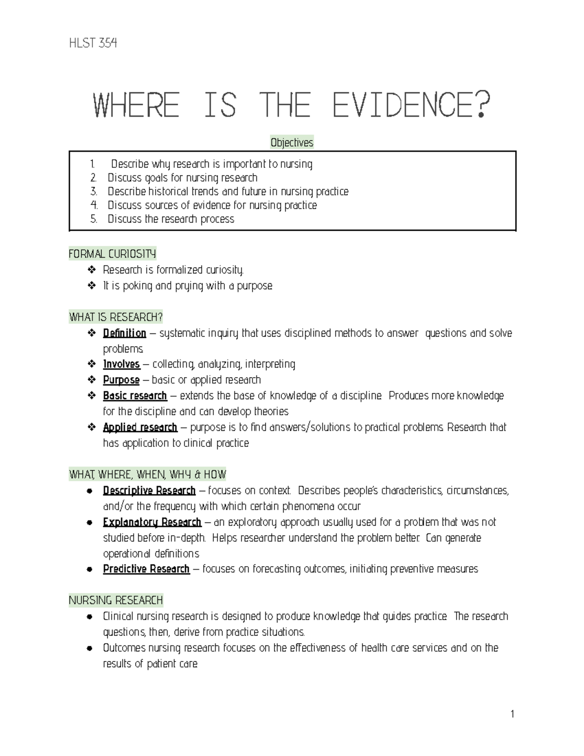 NURS 344 - Intro to Research - WHERE IS THE EVIDENCE? Objectives ...