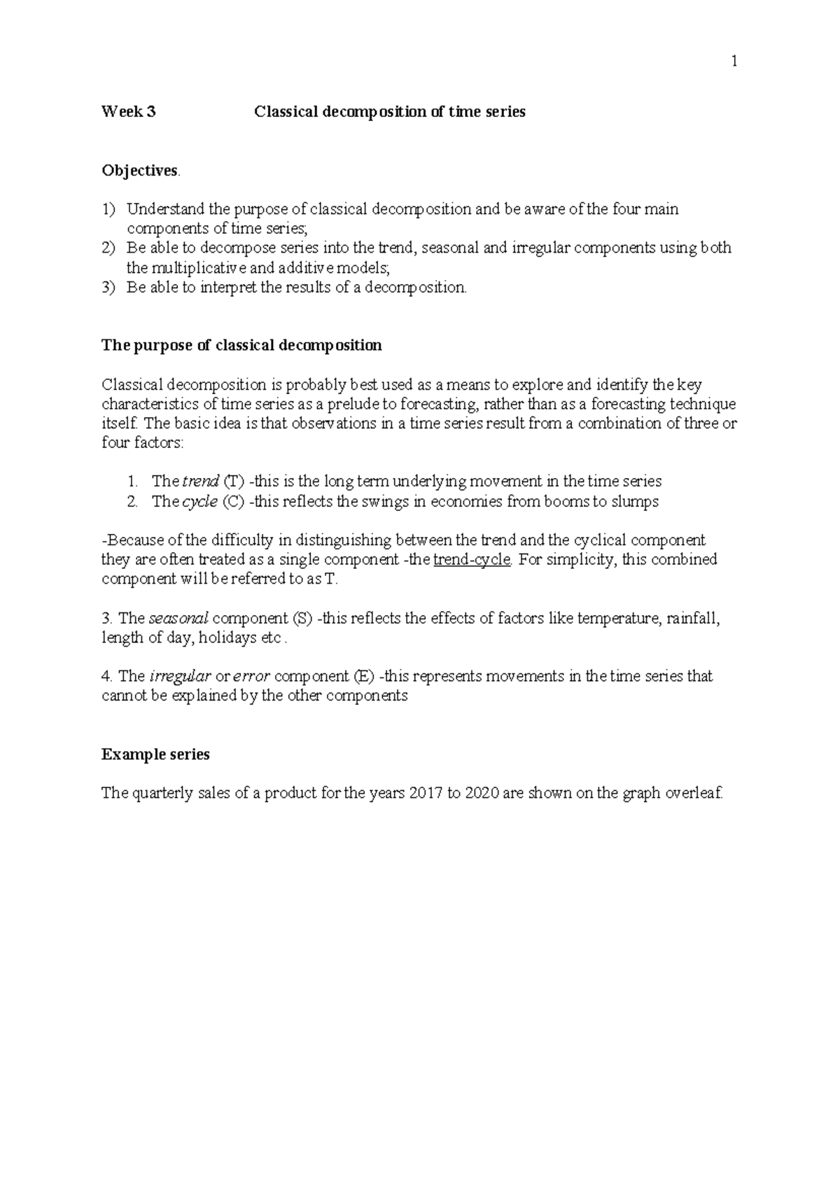 Mn2002 3 Forecasting Notes Week 3 Decomposition Models 2023 24 Week 3