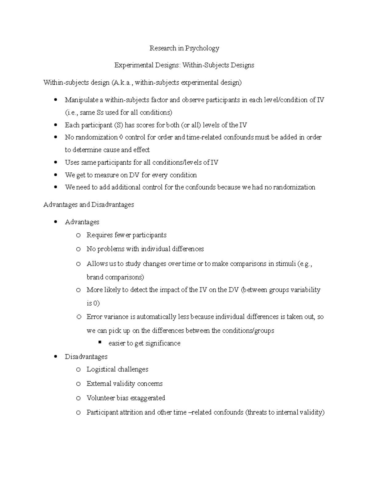 Within Subjects Design Lecture Notes - Research in Psychology ...