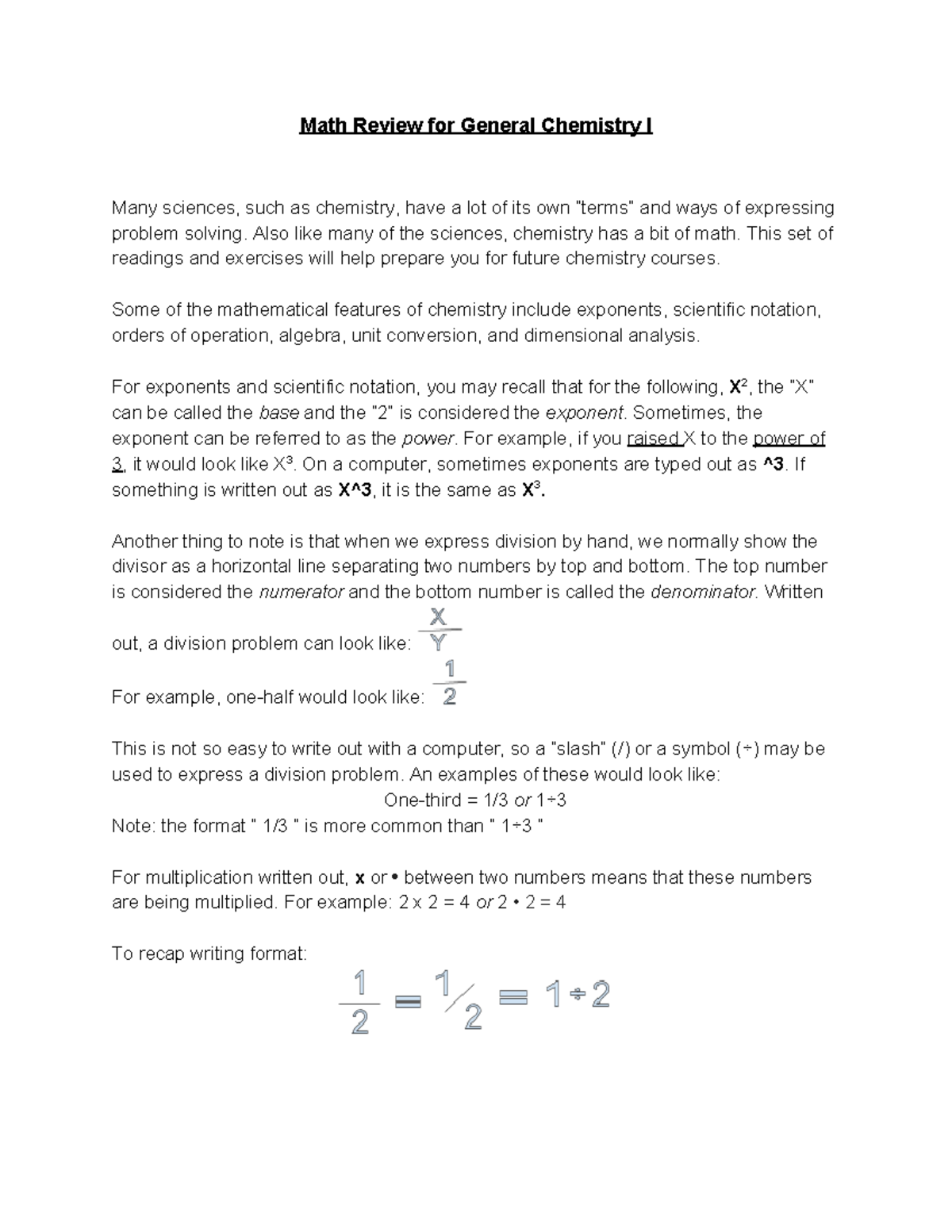 Math Review for General Chemistry - Also like many of the sciences ...