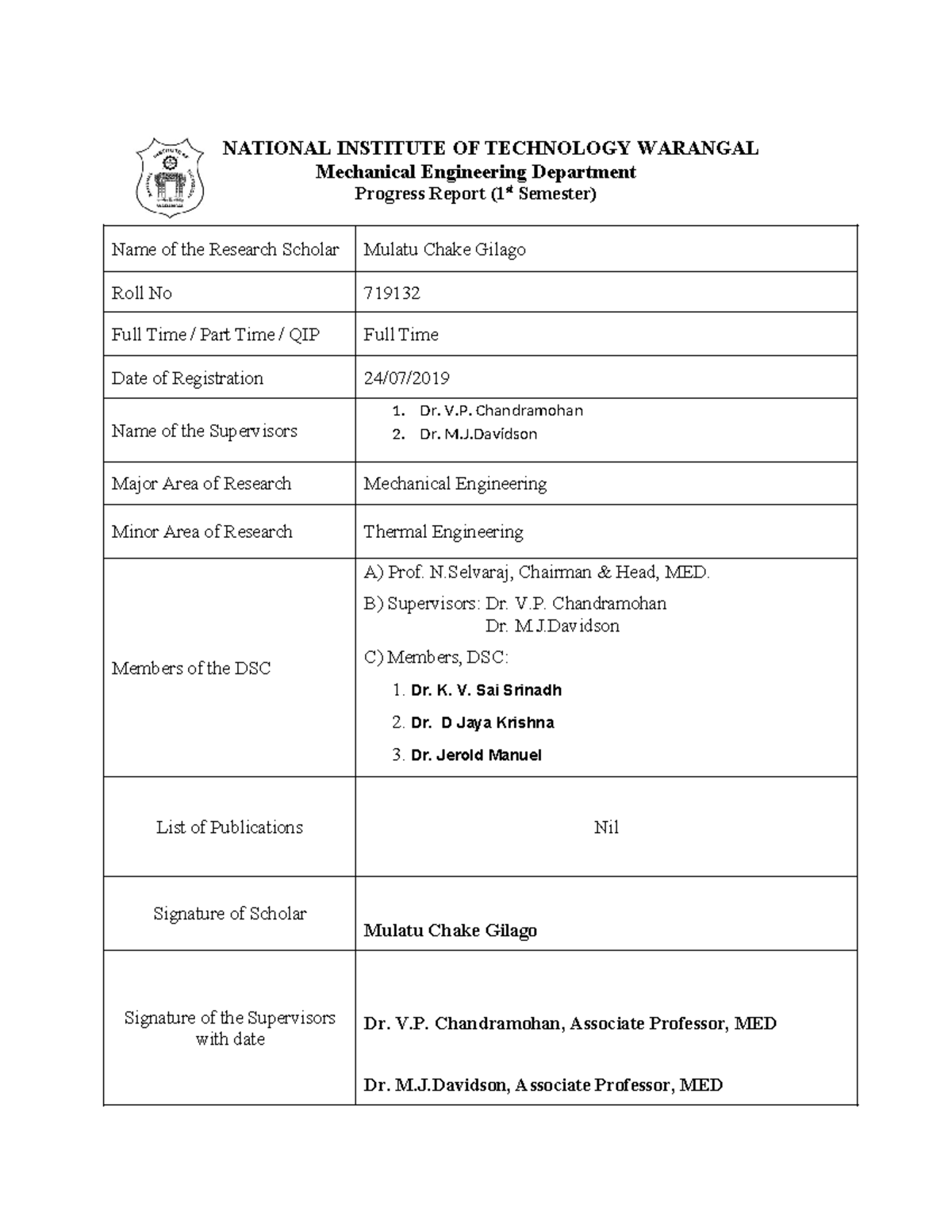 Mulatu 1st Semester Report - NATIONAL INSTITUTE OF TECHNOLOGY WARANGAL Mechanical Engineering ...