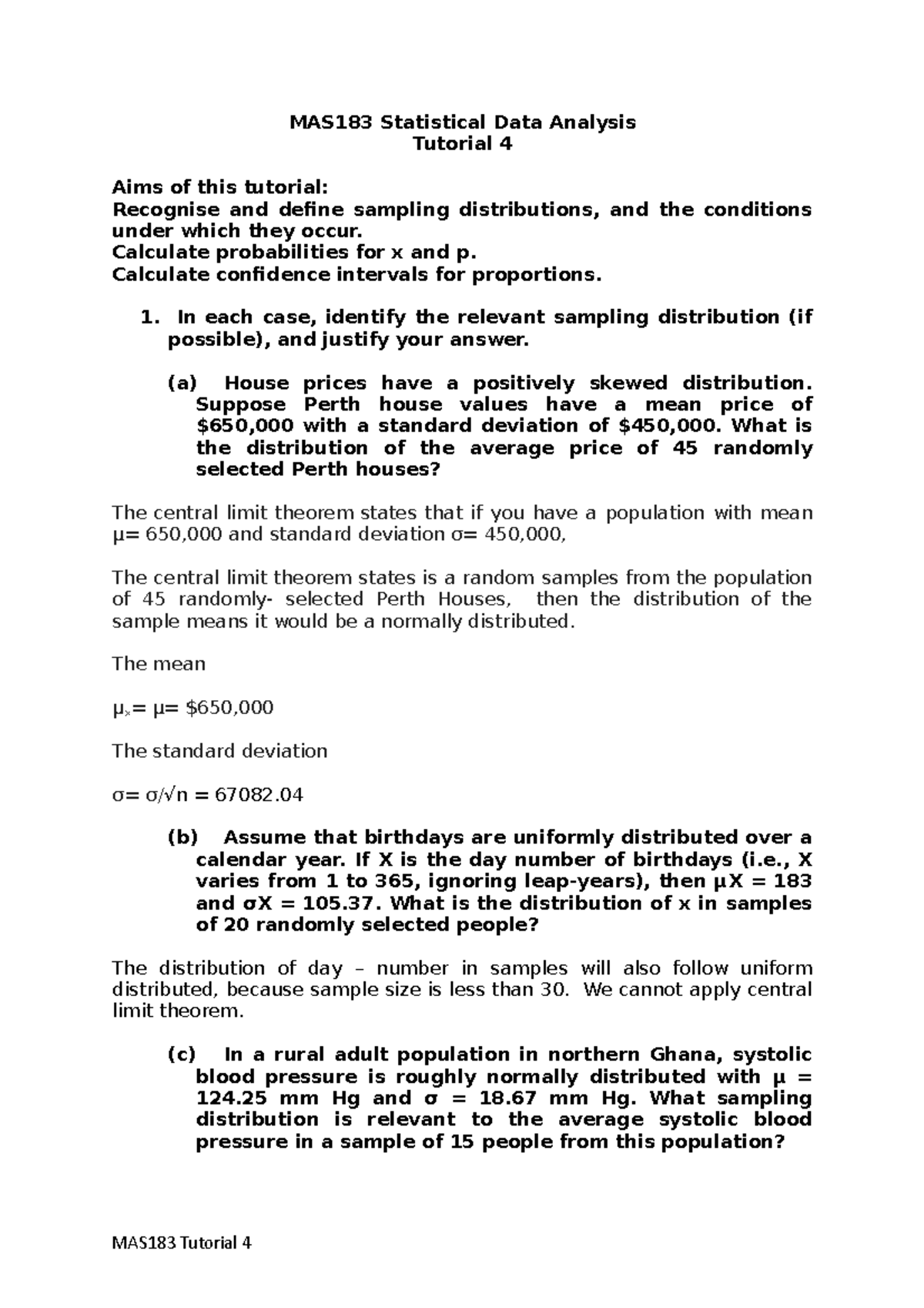 MAS183 Statistical Data Analysis Tutorial 4 - Calculate probabilities ...