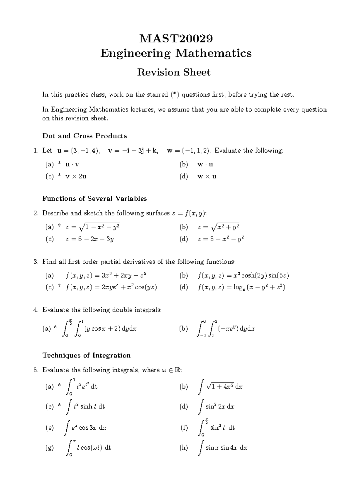Revisionsheet - MAST Engineering Mathematics Revision Sheet In this ...