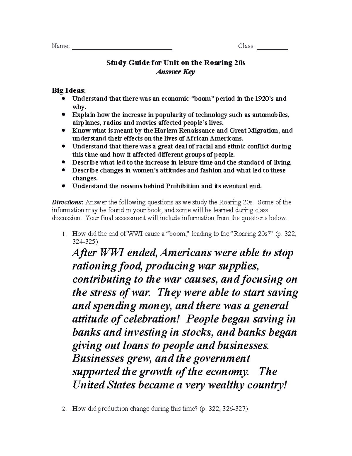 Study Guide for unit on Roaring 20s with answers - Name ...