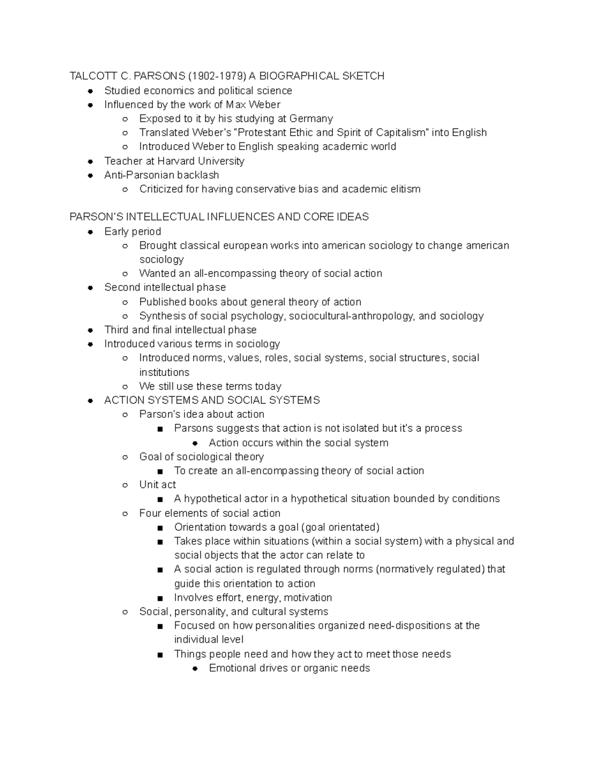 Chapter 9 Structural Functionalism - TALCOTT C. PARSONS (1902-1979) A ...