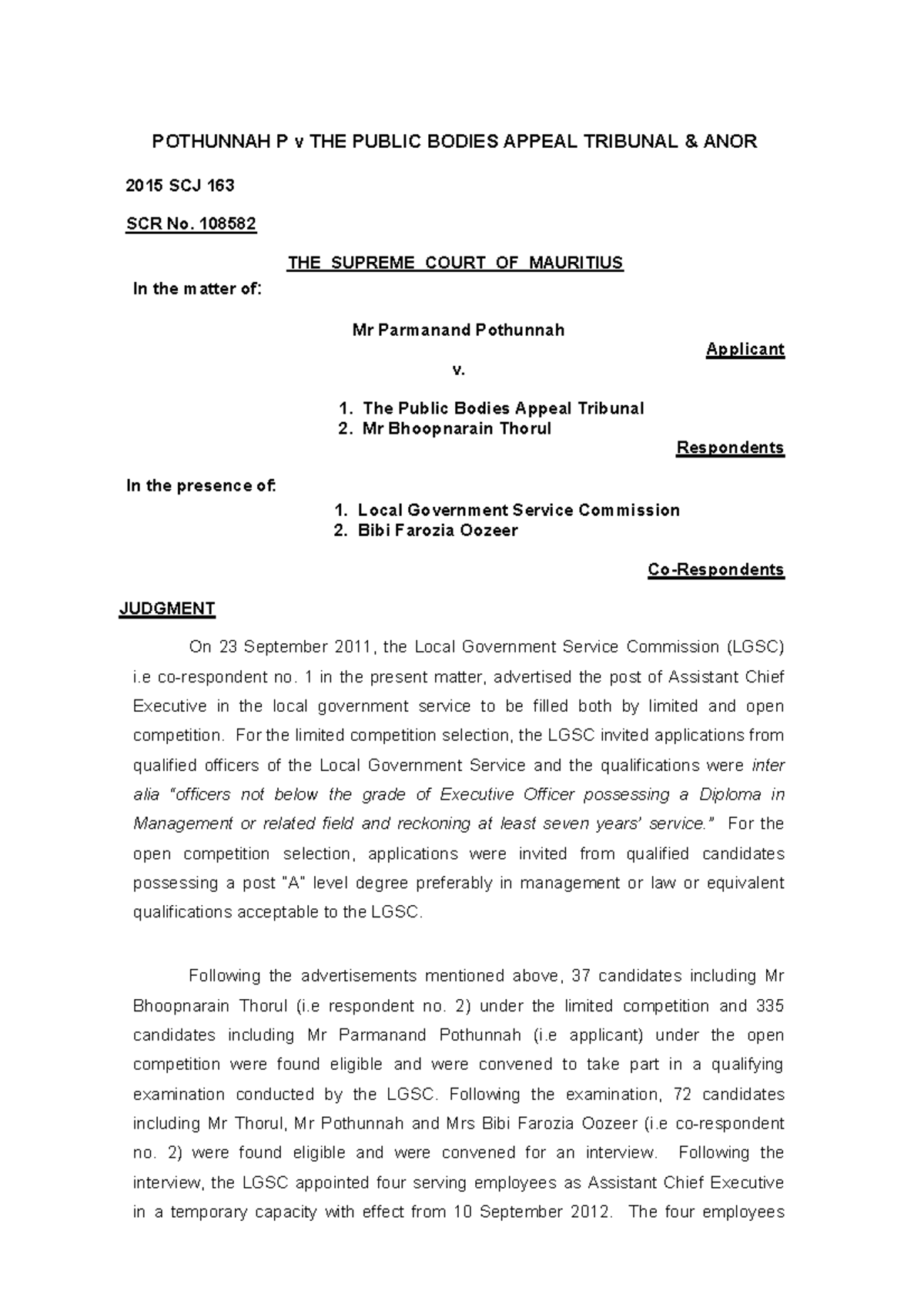 Pothunnah v PBAT 2015 SCJ 163 - POTHUNNAH P v THE PUBLIC BODIES APPEAL ...