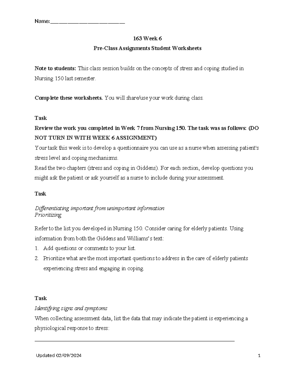 NUR 163 Week 6 Pre-Class Assignment - 163 Week 6 Pre-Class Assignments Student Worksheets Note ...