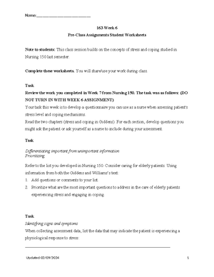 NUR 163 Week 3 Pre-Class Assignment - 163 Week 3 Pre-Class Student Worksheets Note to students ...