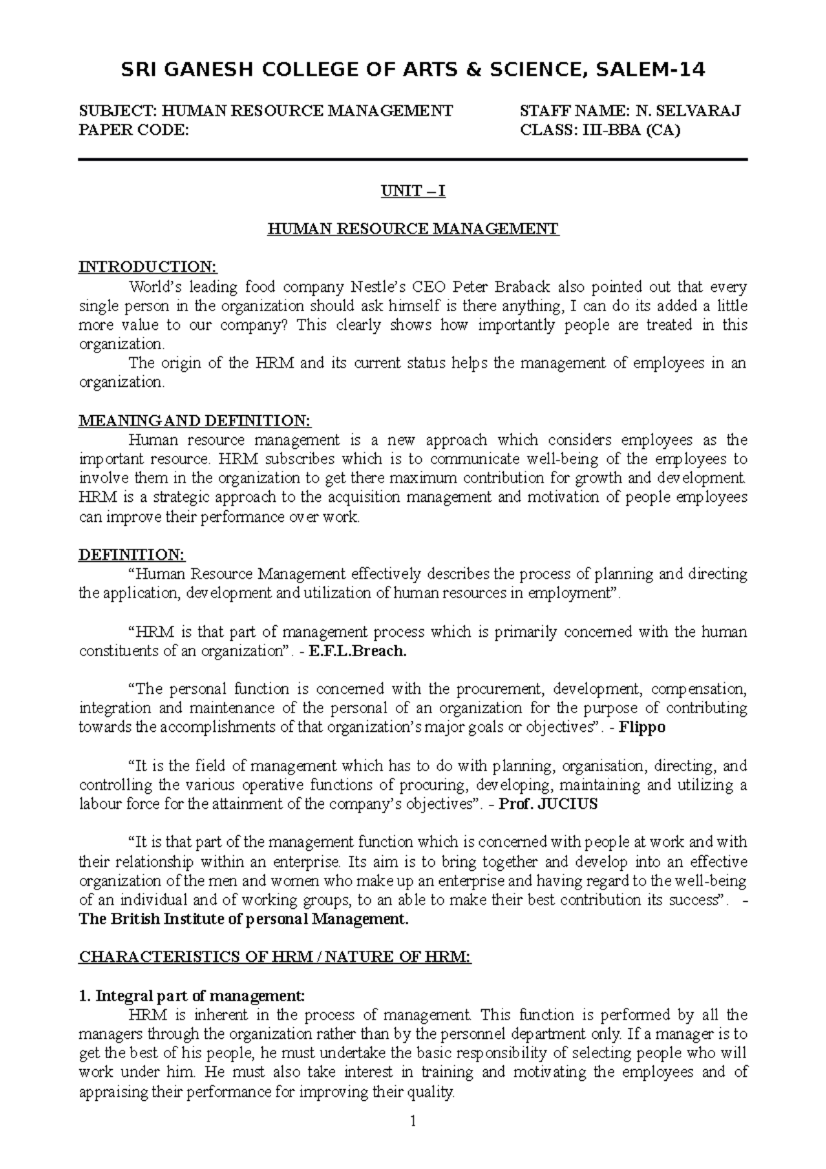 HRM NEW - BBA CA notes - SRI GANESH COLLEGE OF ARTS & SCIENCE, SALEM ...