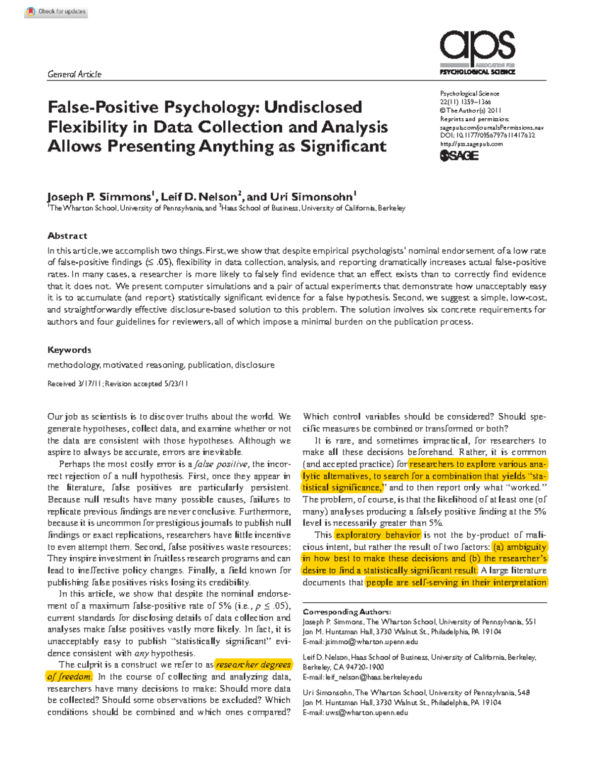 False positives Simmons - Psychological Science 22(11) 1359 – © The ...