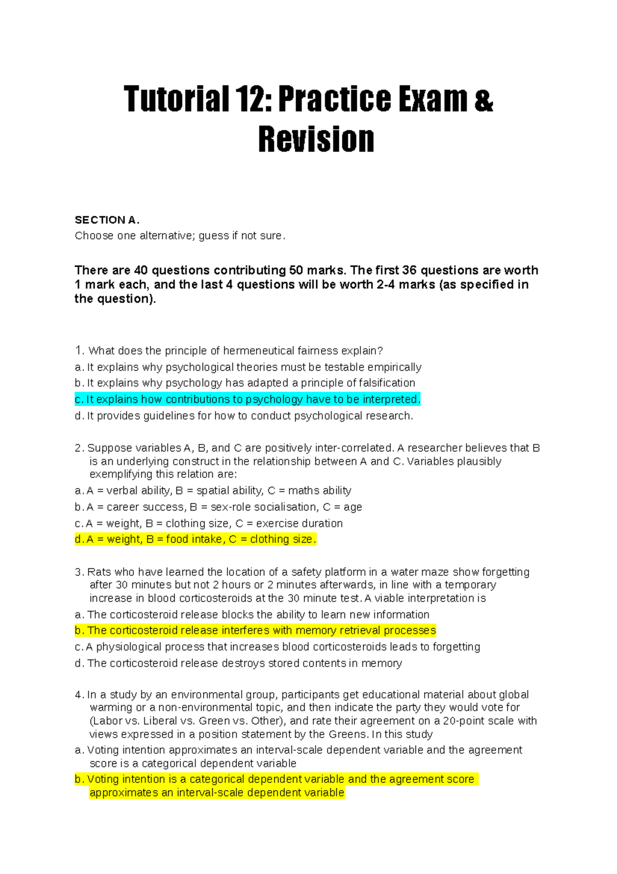 Practice Exam 6 October, questions - Tutorial 12: Practice Exam ...