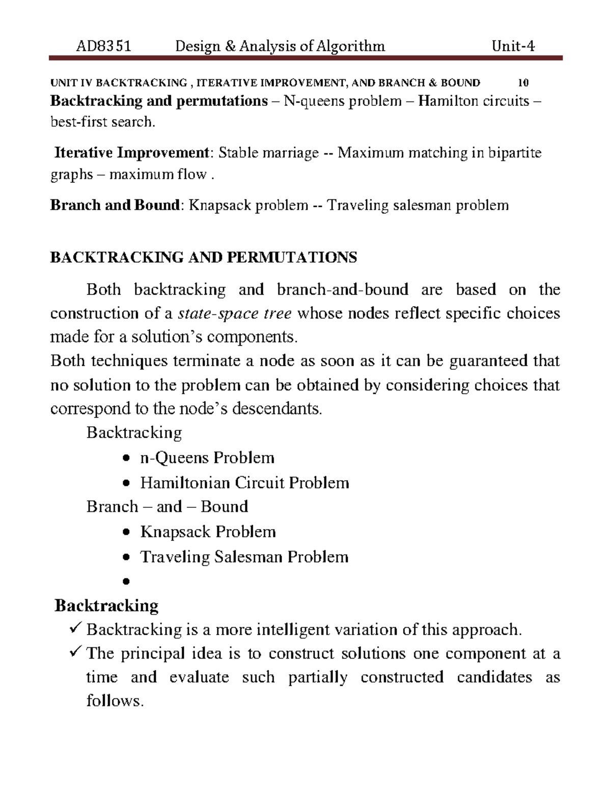 AD8351-Unit IV - unit-4 notes - UNIT IV BACKTRACKING , ITERATIVE ...