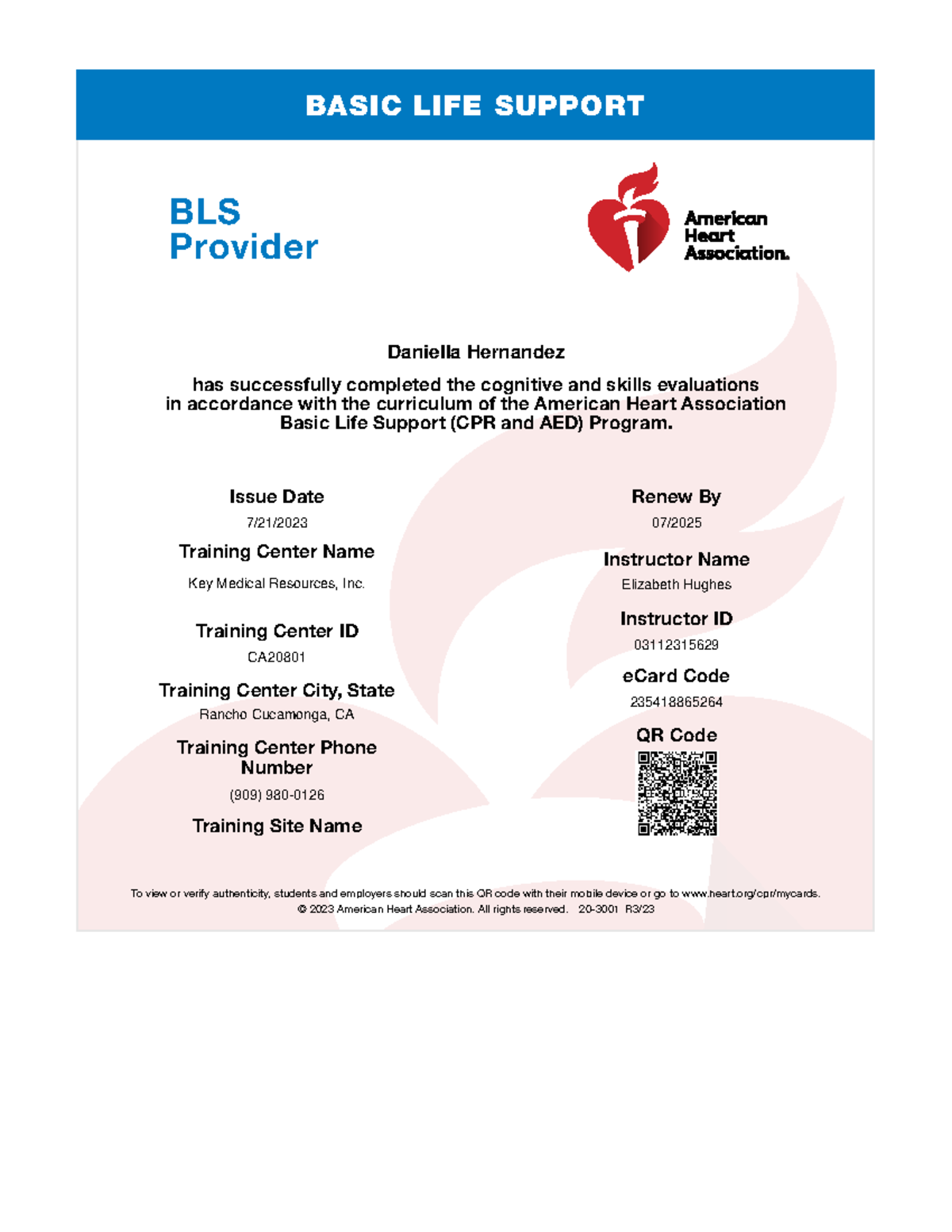 Student e Card - Dani - BASIC LIFE SUPPORT BLS Provider has ...