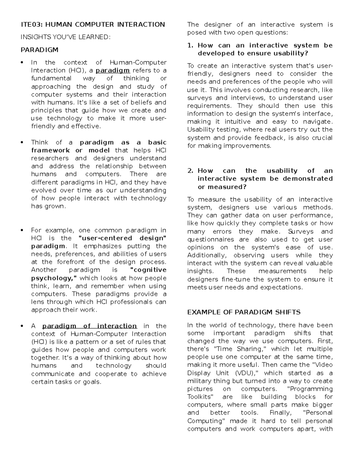 C2-ITE03-Notes - Notes - ITE03: HUMAN COMPUTER INTERACTION INSIGHTS YOU ...