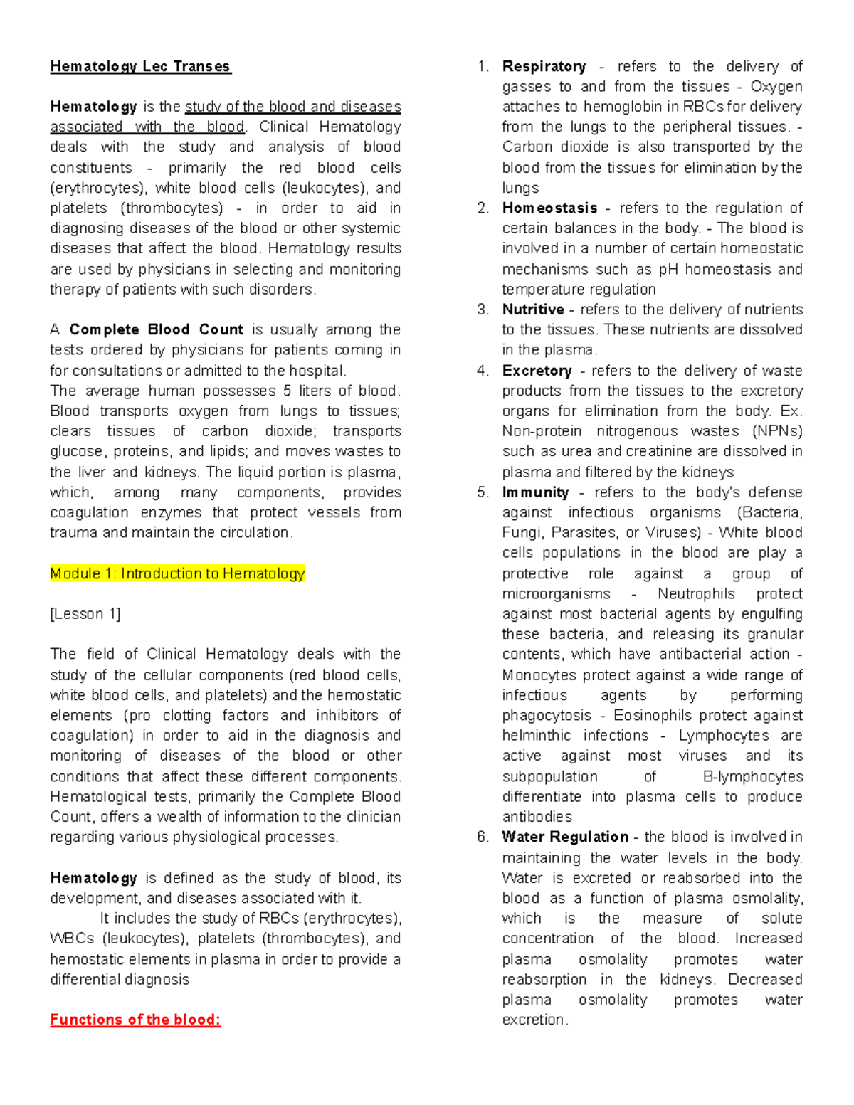 Hema-Lec-Transes - Notes - Hematology Lec Transes Hematology is the ...