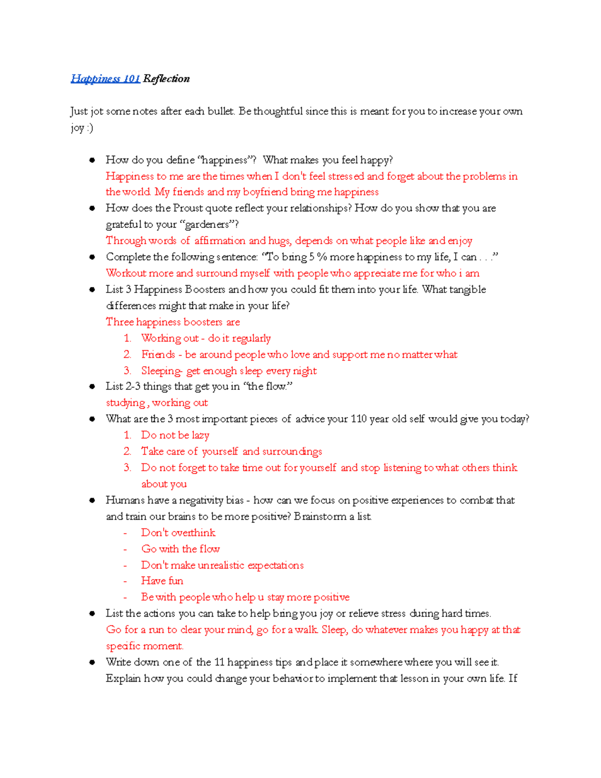 Copy of Happiness 101 Reflection 2021 Student Copy - Happiness 101 Reflection Just jot some ...