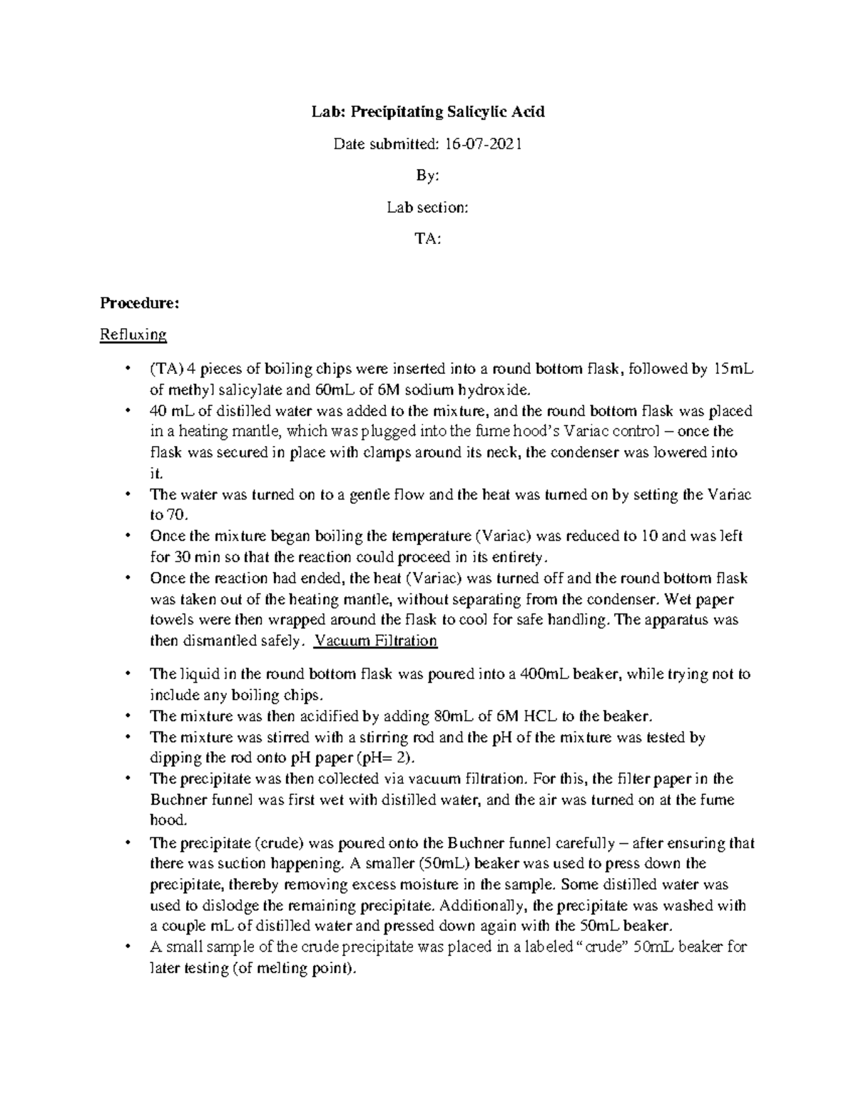 CHEM 1002- Sal Short Report - Lab: Precipitating Salicylic Acid Date ...