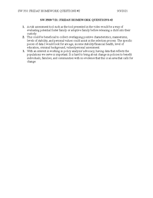 SW 350 Homework #4 - SW 350 9/17/21 FRIDAY HOMEWORK QUESTIONS #4 9/17 ...