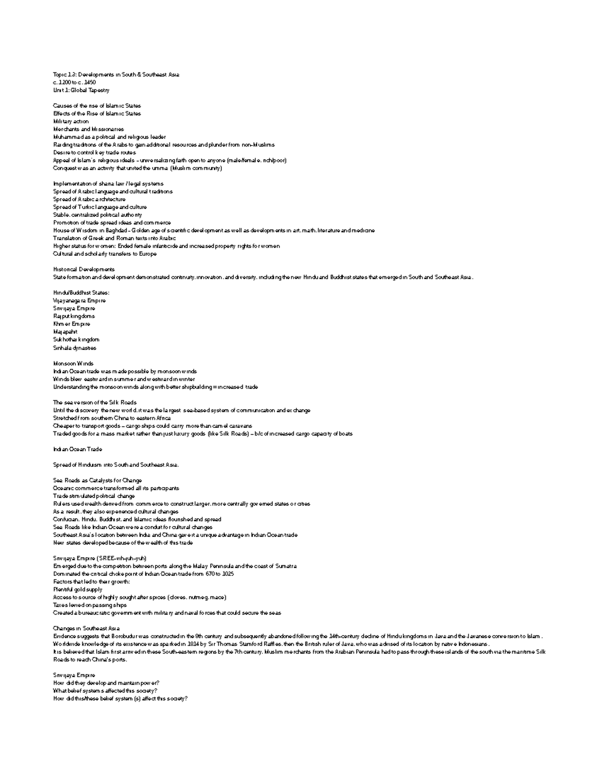 APWH Notes 1.3 - Google Docs - Topic 1: Developments in South Southeast ...