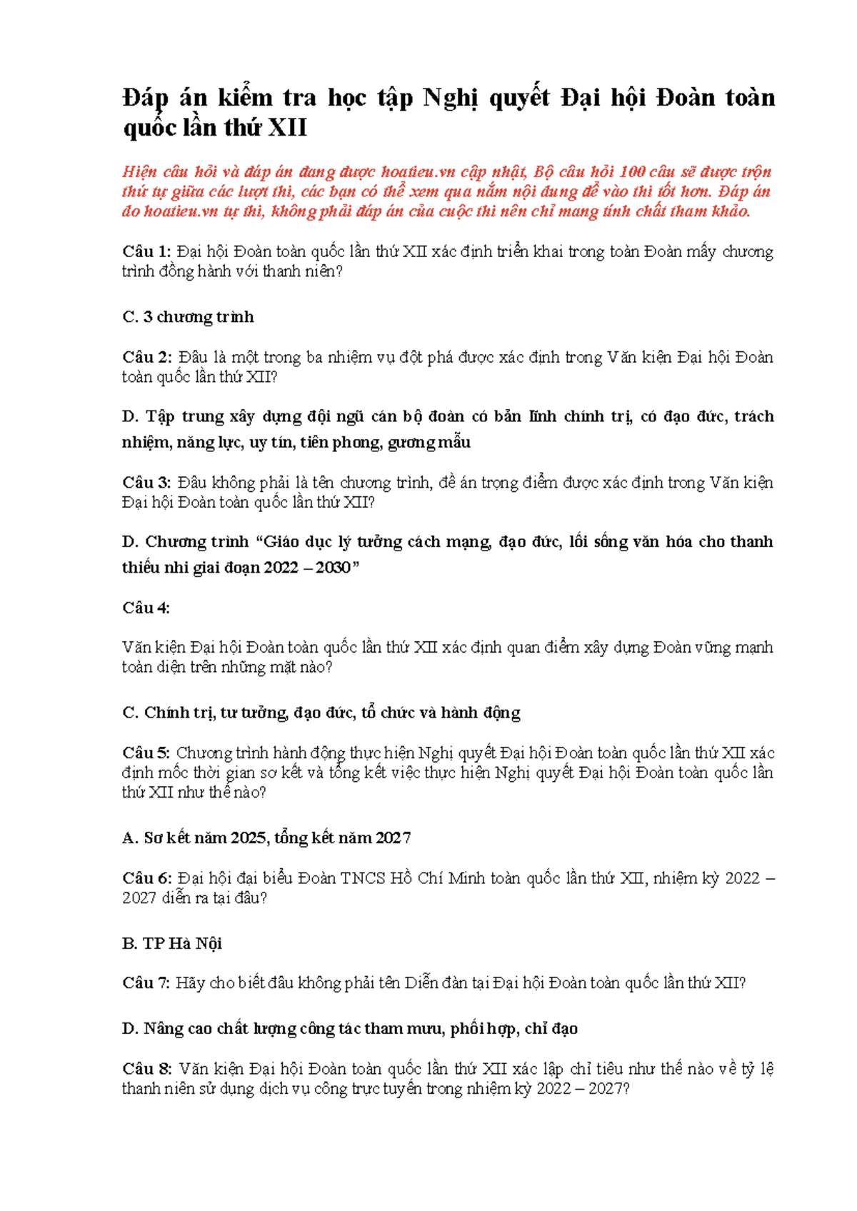 Dap an kiem tra hoc tap Nghi quyet dai hoi doan toan quoc lan thu XII ...