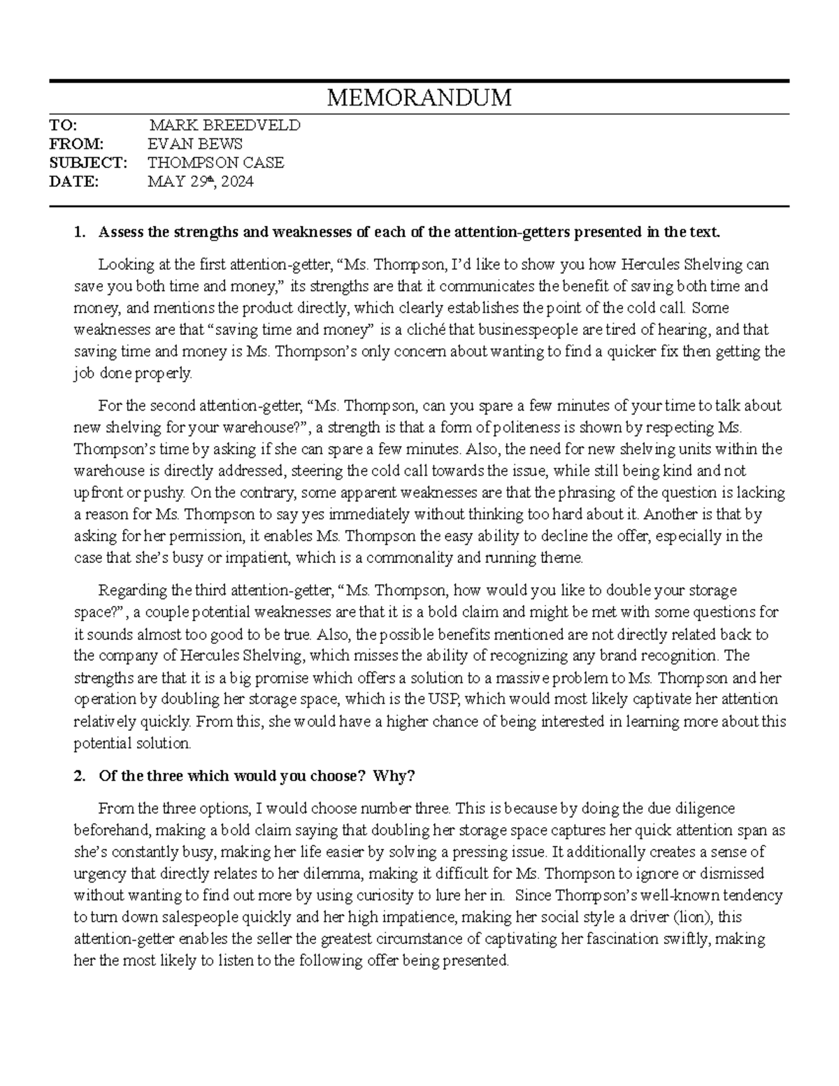 Thompson Case Memo - Case memo done from textbook trying to find the ...