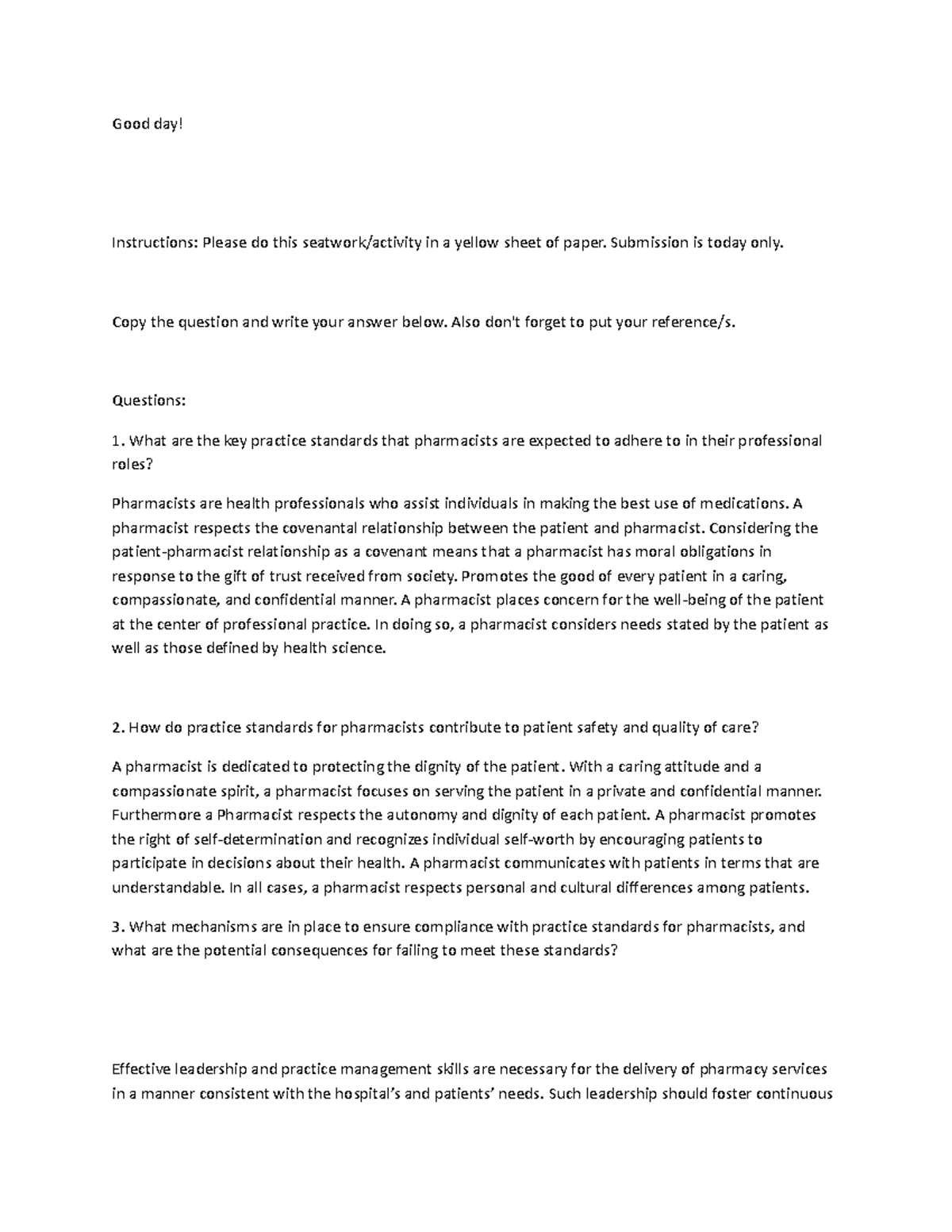 Piph seatwork - Lecture notes - Good day! Instructions: Please do this ...