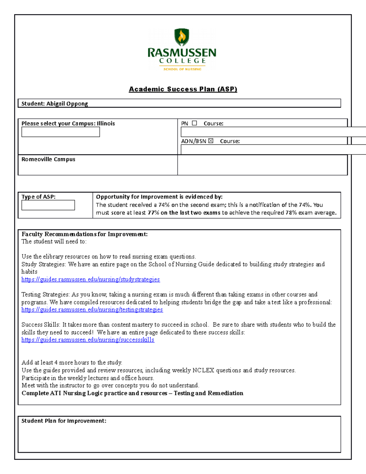 ASP Exam 2 Abigail Oppong - Academic Success Plan (ASP) Student ...
