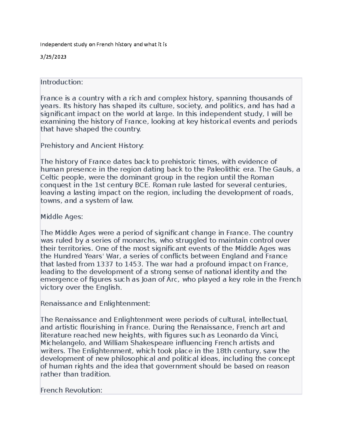 Independent study on French history and what it is - Independent study ...