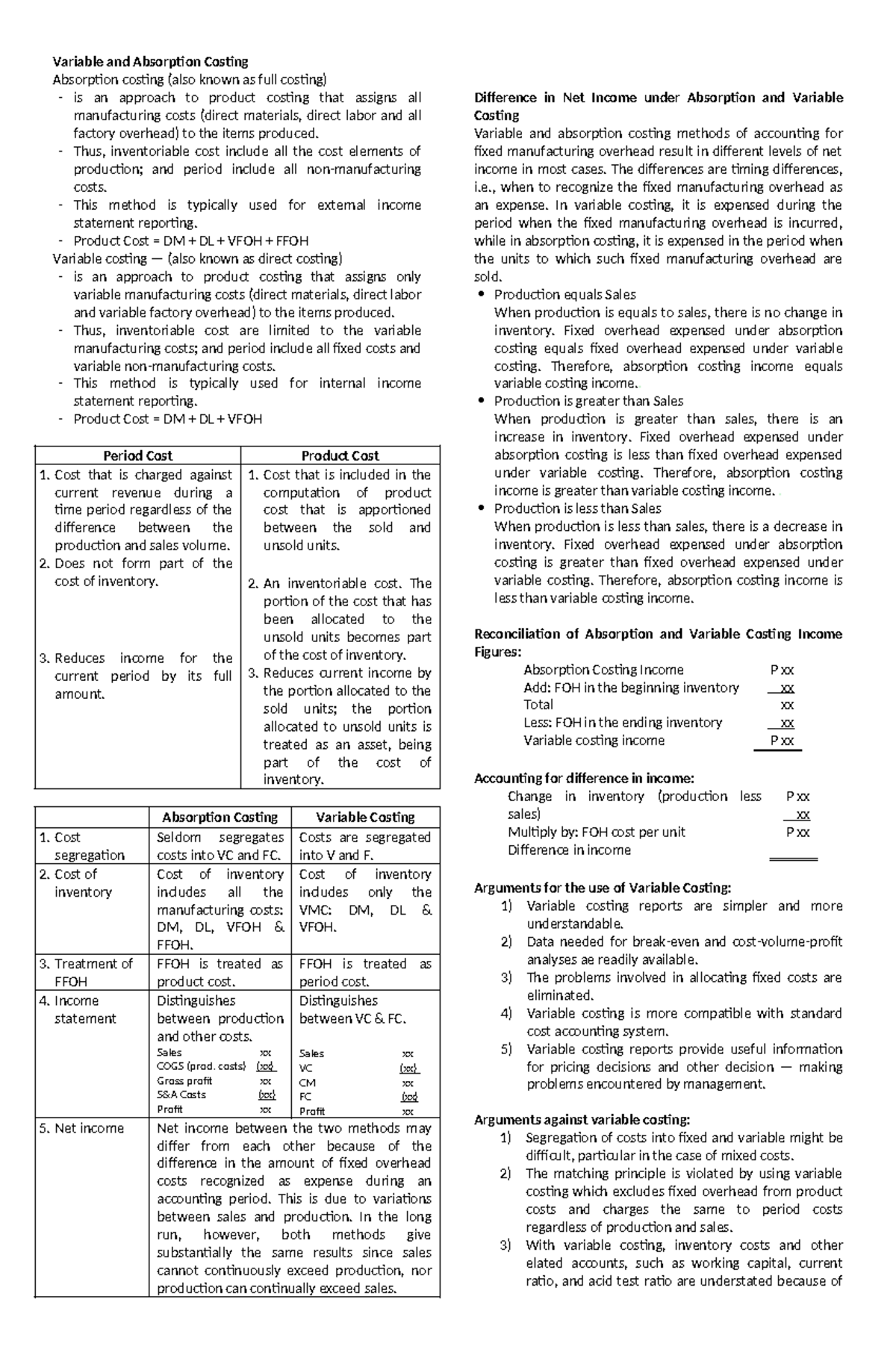 6-7 Variable and Absorption Costing - Variable and Absorption Costing ...
