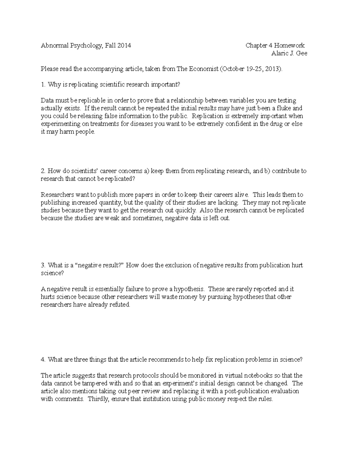 Ch04 Homework Abnormal Psych - Abnormal Psychology, Fall 2014 Chapter 4 Homework Alaric J. Gee ...