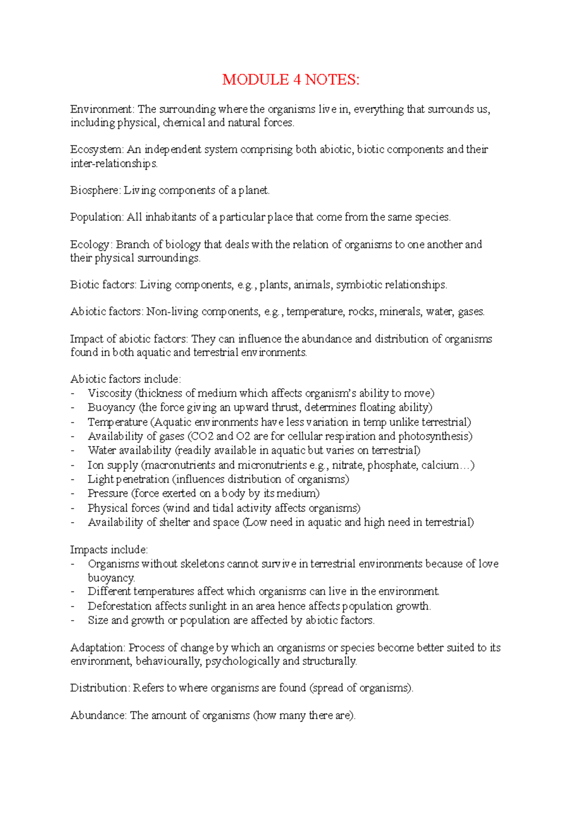 BIO Module 4 Notes - MODULE 4 NOTES: Environment: The surrounding where ...
