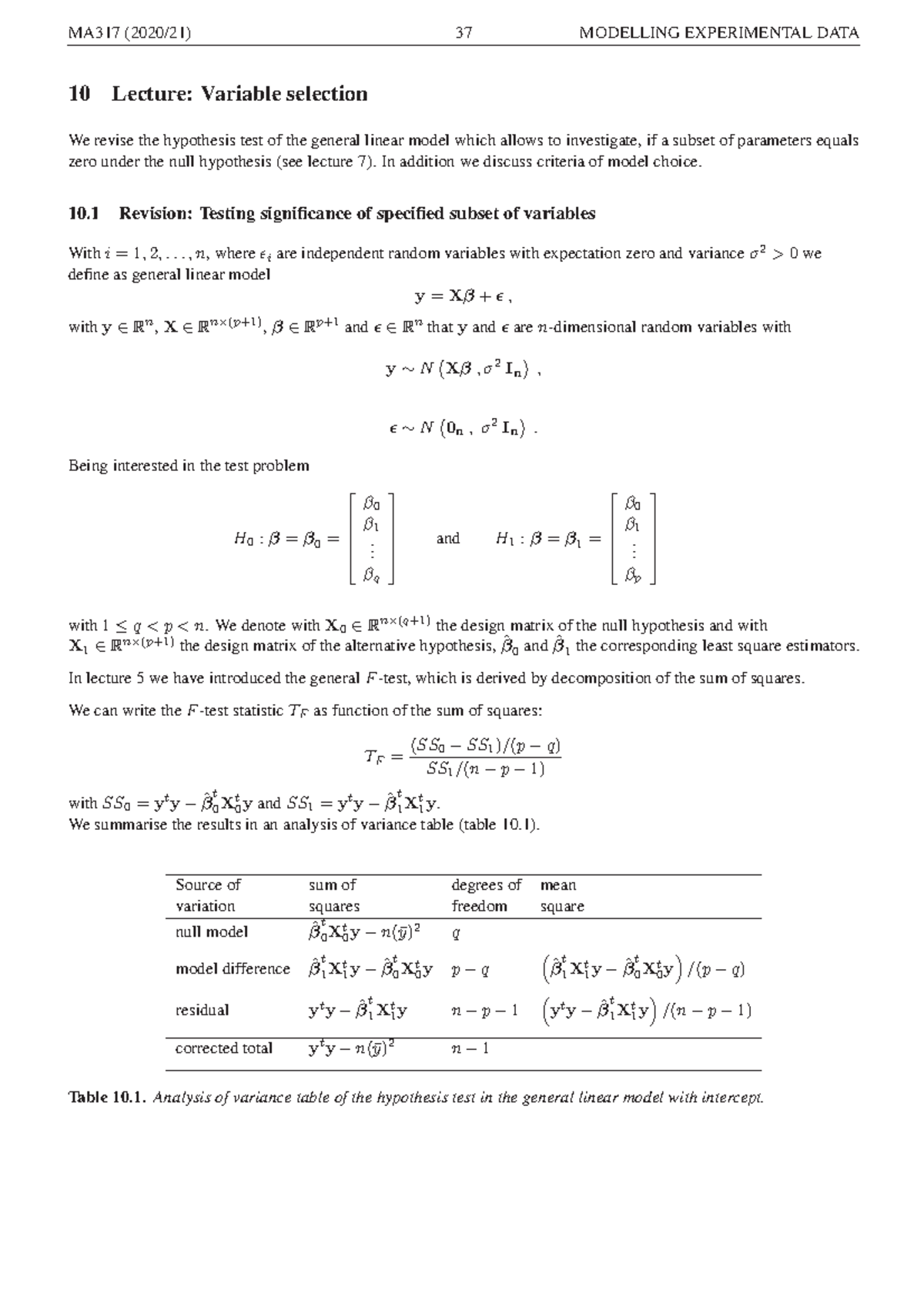 Lecture 6 script - 10 Lecture: Variable selection We revise the ...