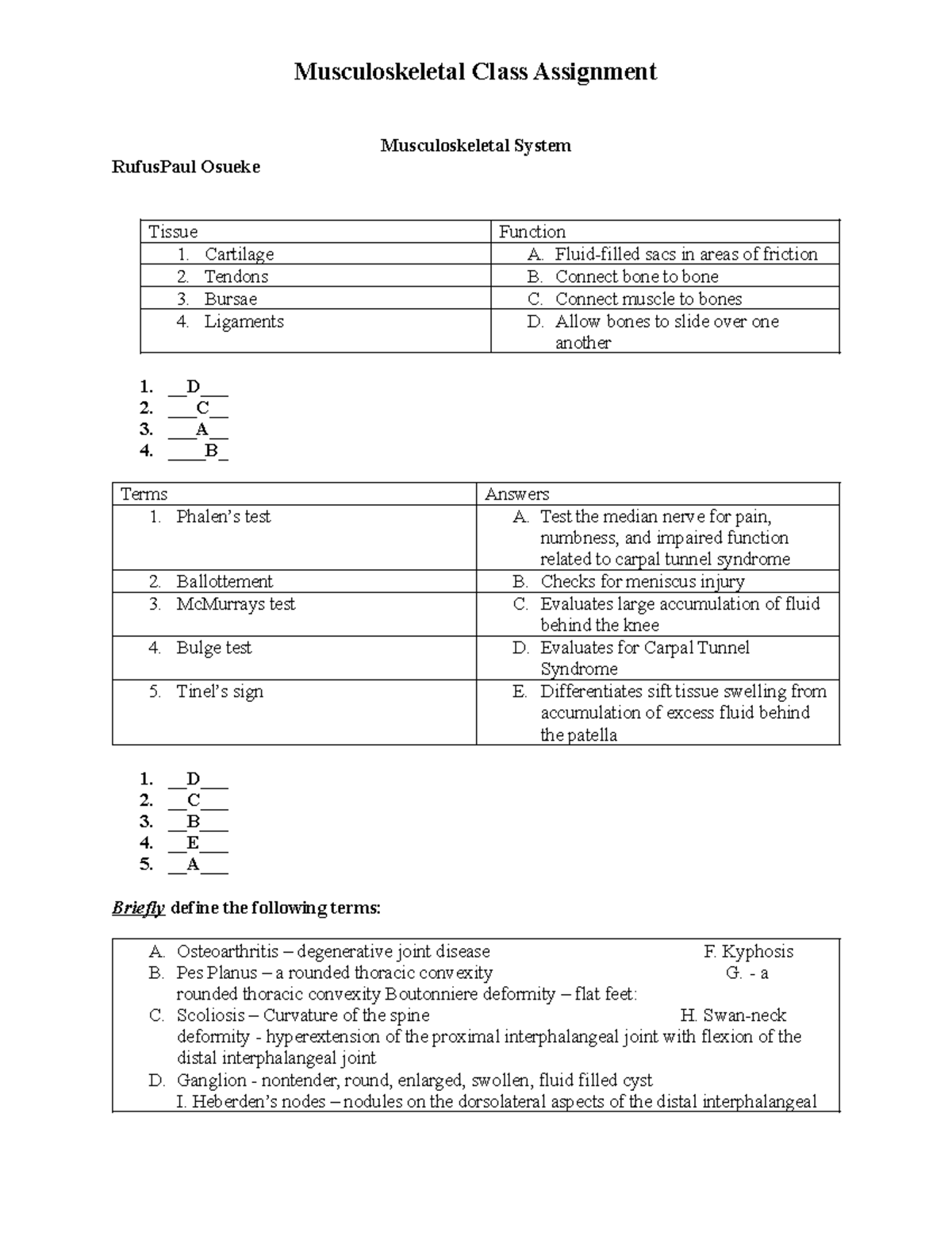 Musculoskeletal Assignment - Musculoskeletal Class Assignment ...