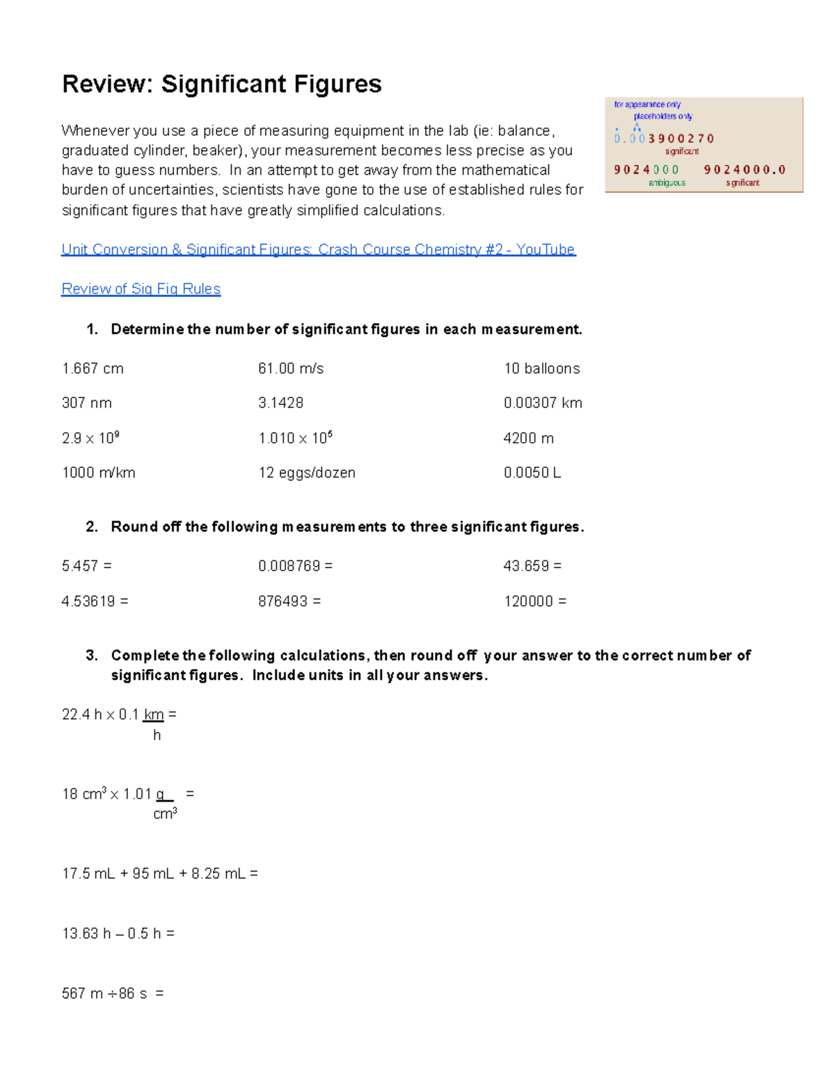 Grade 11 Numeracy Mole Review - Review: Significant Figures Whenever ...