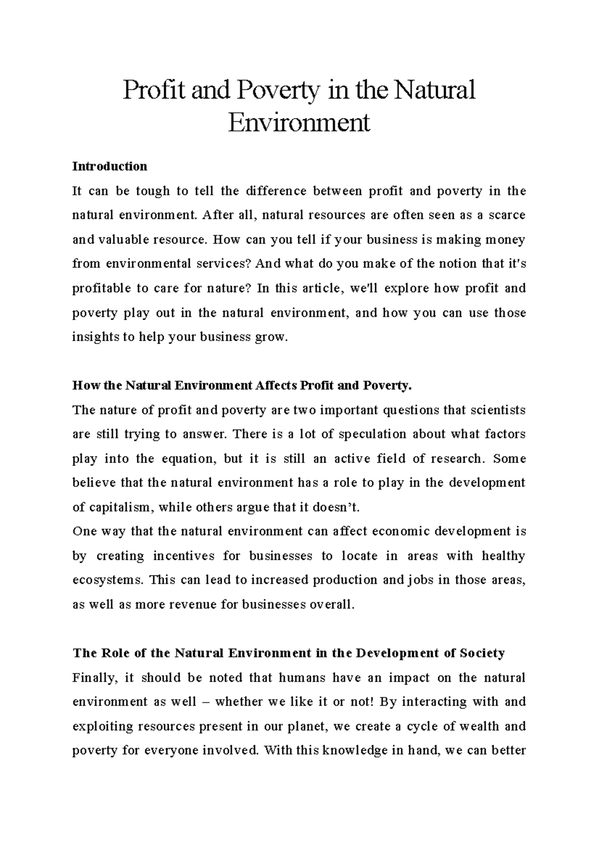 Profit and Poverty in the Natural Environment - Profit and Poverty in ...