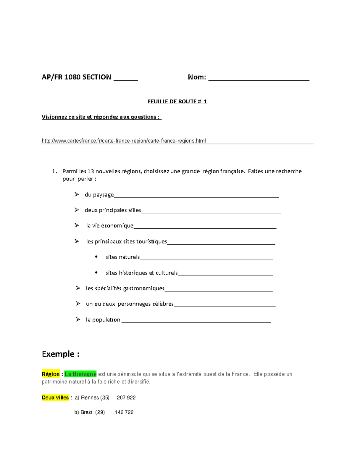 Feuille de route 1 - French Language & Culture - AP/FR 1080 SECTION ...