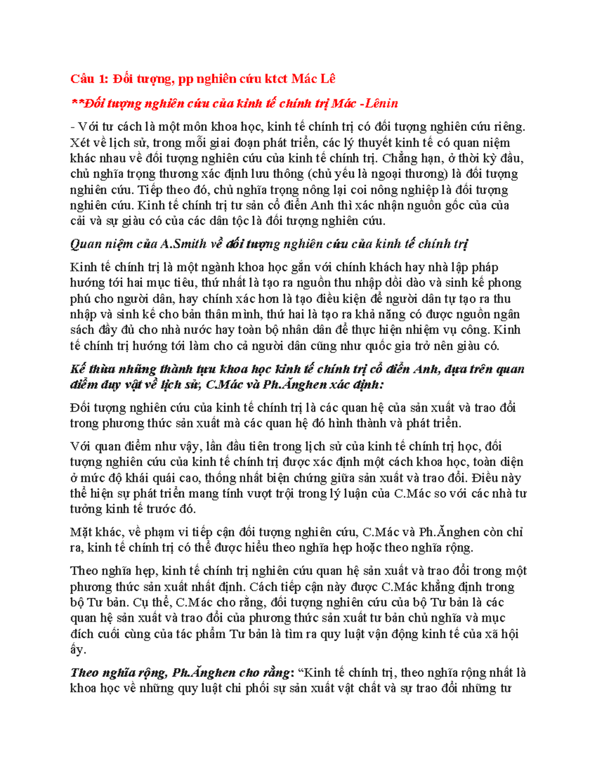 Ktctc - Đề cương ktct - Câu 1: Đối tượng, pp nghiên cứu ktct Mác Lê ...