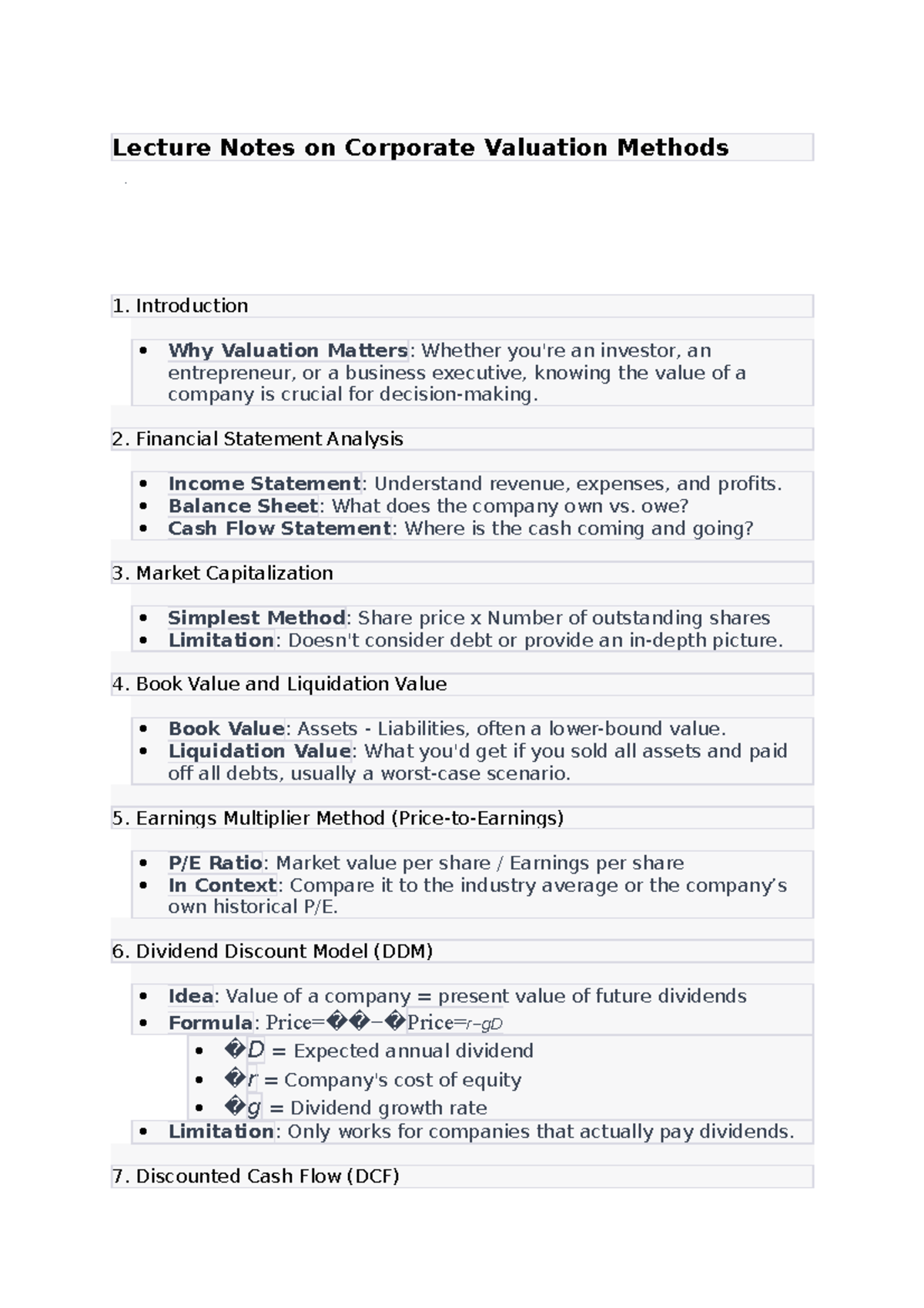 Corp val notes for studocu - Lecture Notes on Corporate Valuation ...