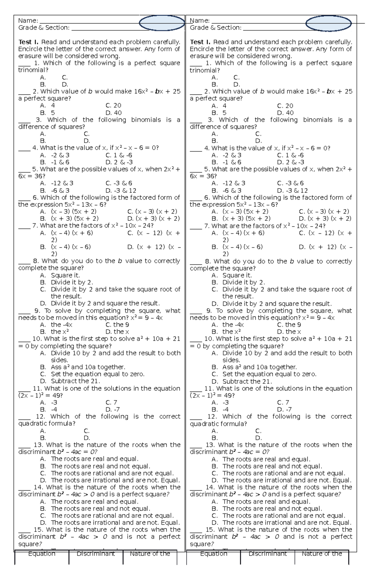 2nd Quiz A - Math Quiz - Name: Grade & Section: Test I. Read and ...