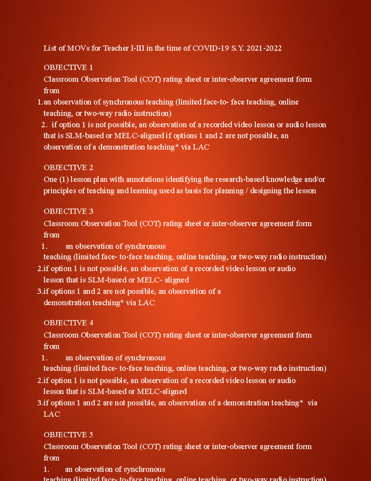 List of MOVs for Teacher I-III - 2021- OBJECTIVE 1 Classroom ...