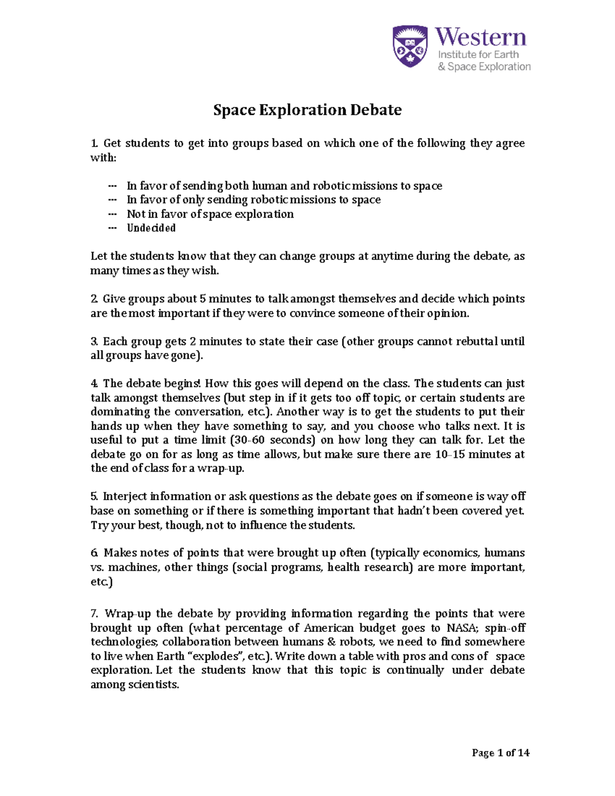 Space Exploration Debate Manual - Space Exploration Debate Get students ...