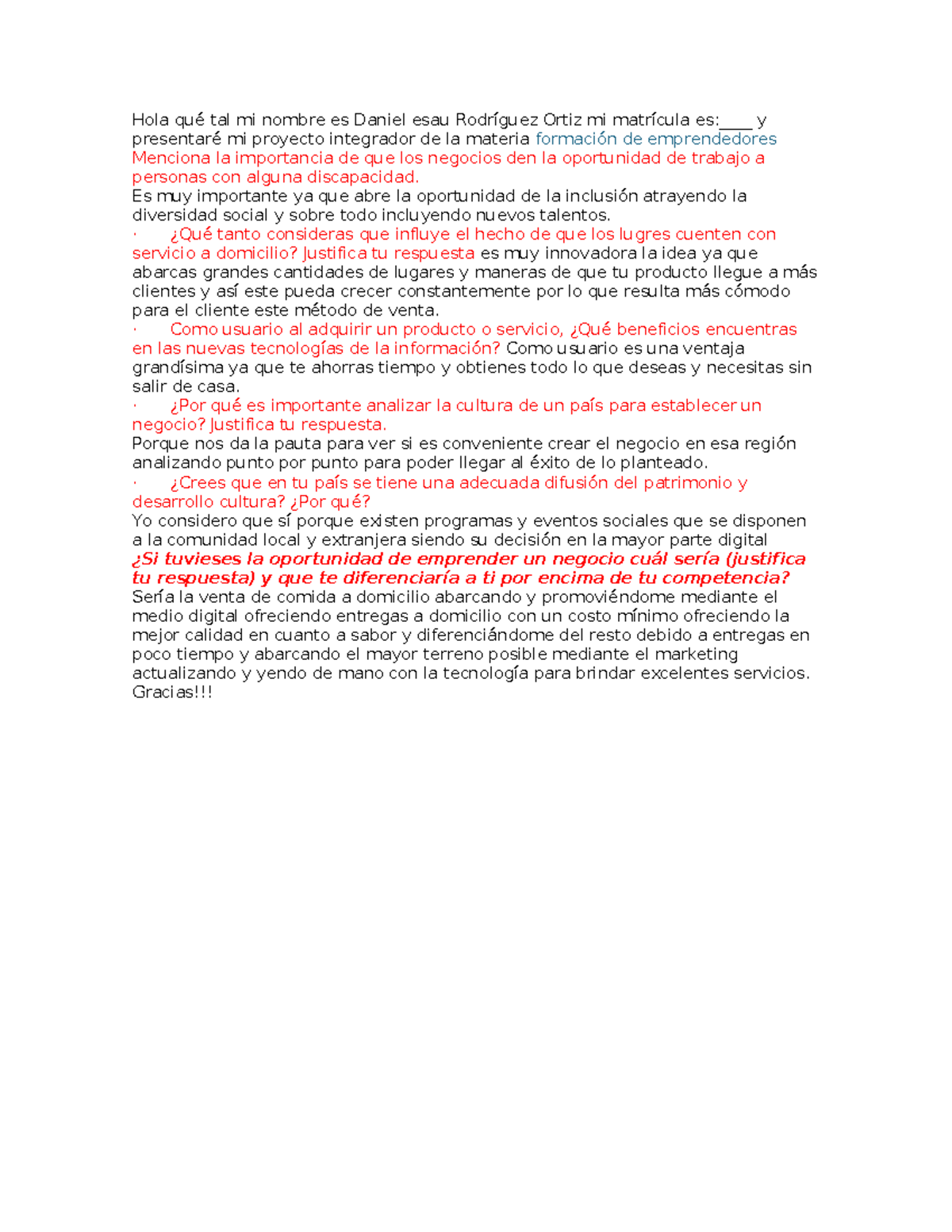 Integrador formación de emprendedores - Hola qué tal mi nombre es ...