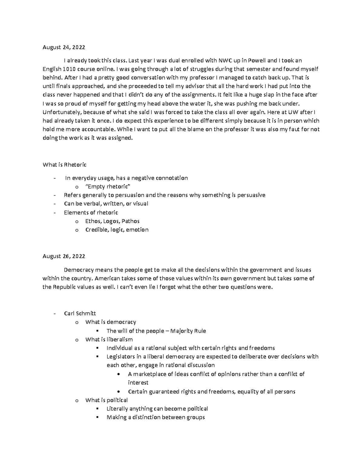 English 1010 - Notes - August 24, 2022 I already took this class. Last ...