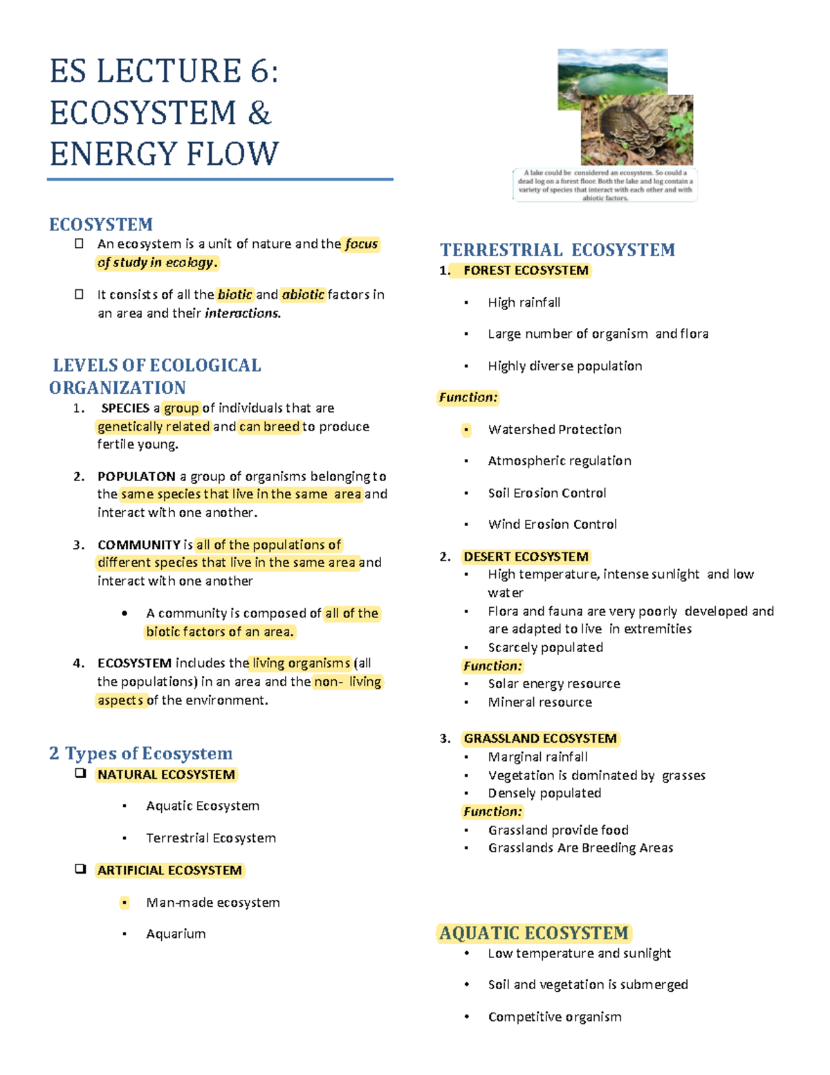 ES Lecture 6-10 exam - ES LEC NOTES - ES LECTURE 6: ECOSYSTEM &amp; ENERGY ...
