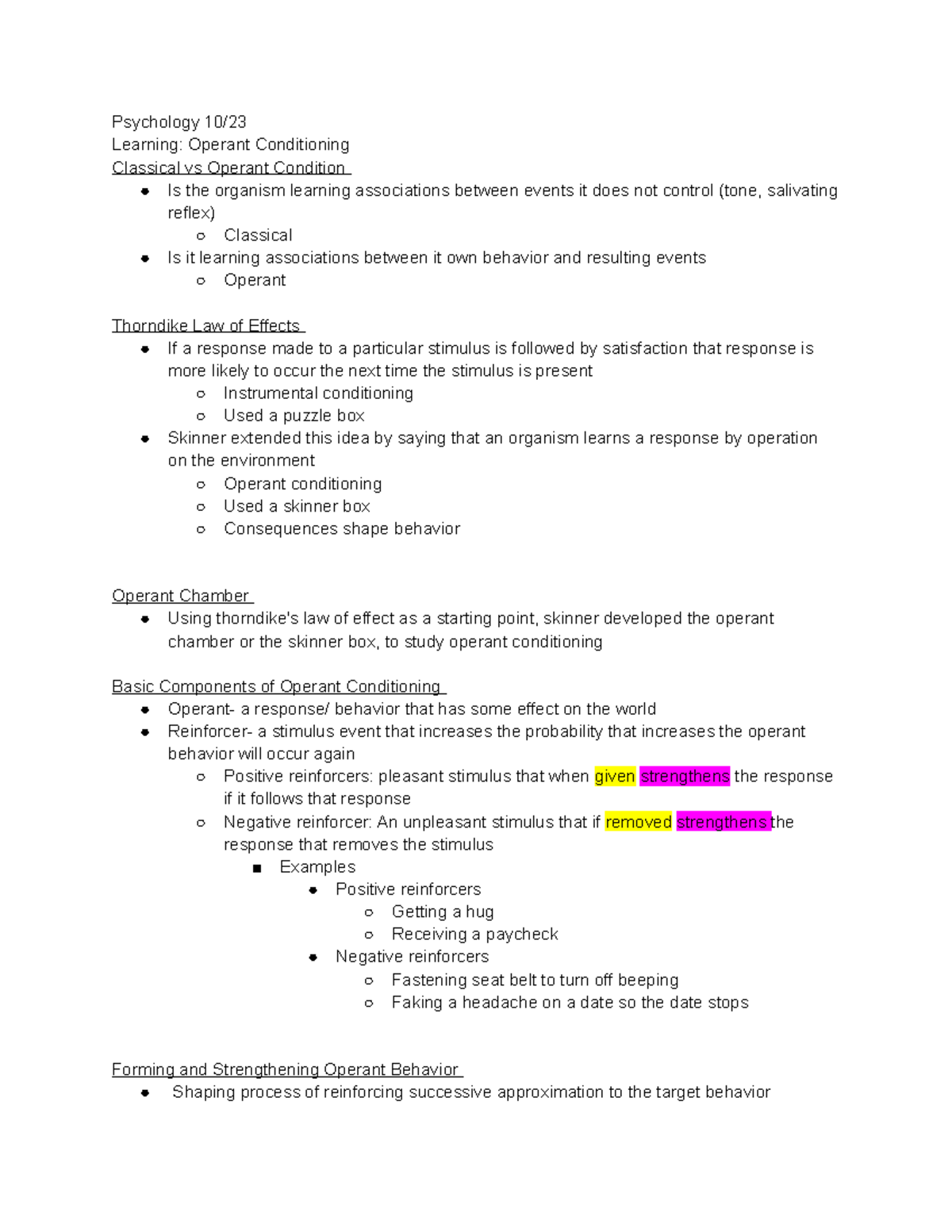 Psych 10 23and 10 25 - exam 1 - Psychology 10/ Learning: Operant ...
