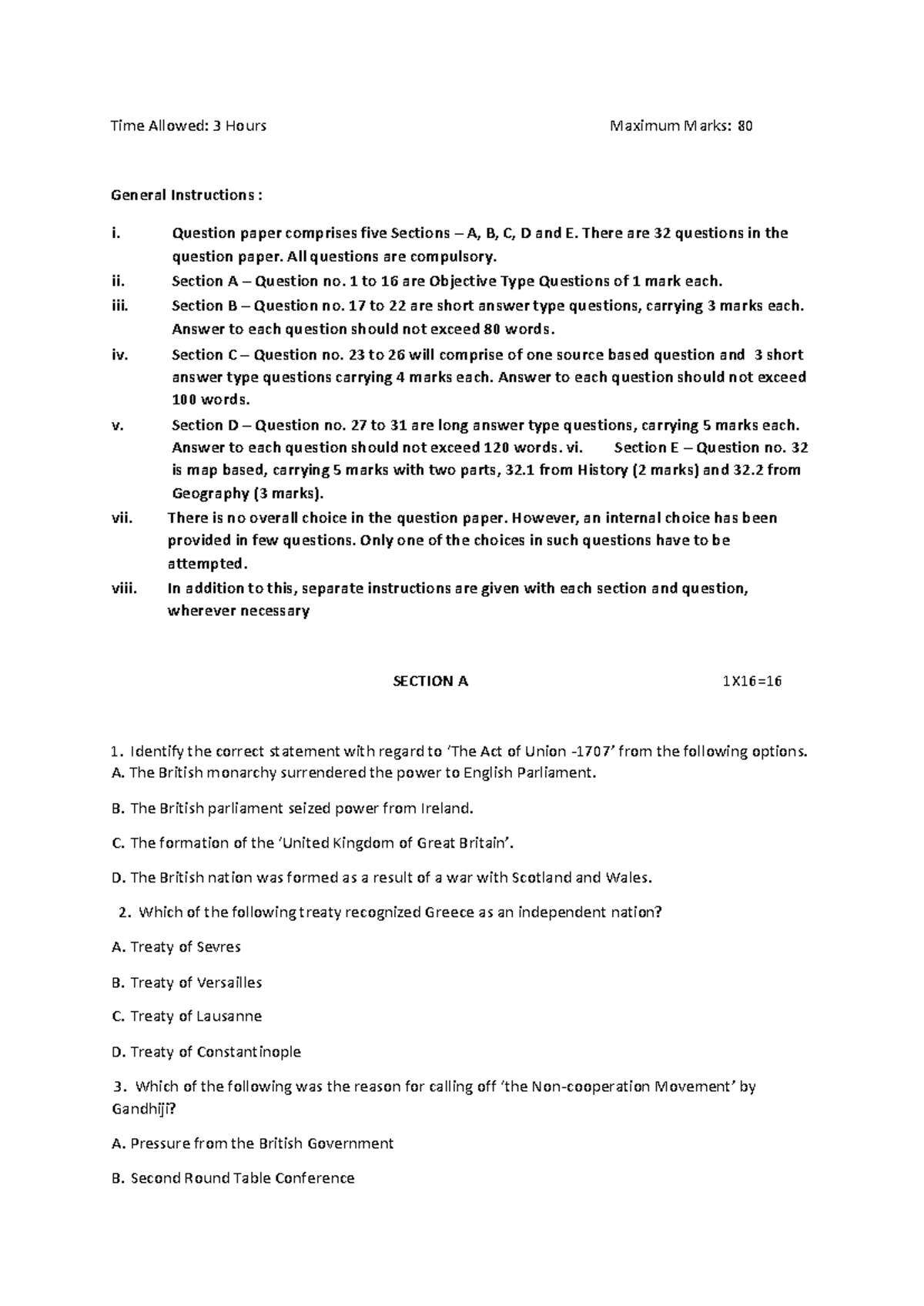 Social Science Pre Boards - Time Allowed: 3 Hours Maximum Marks: 80 General Instructions : i ...
