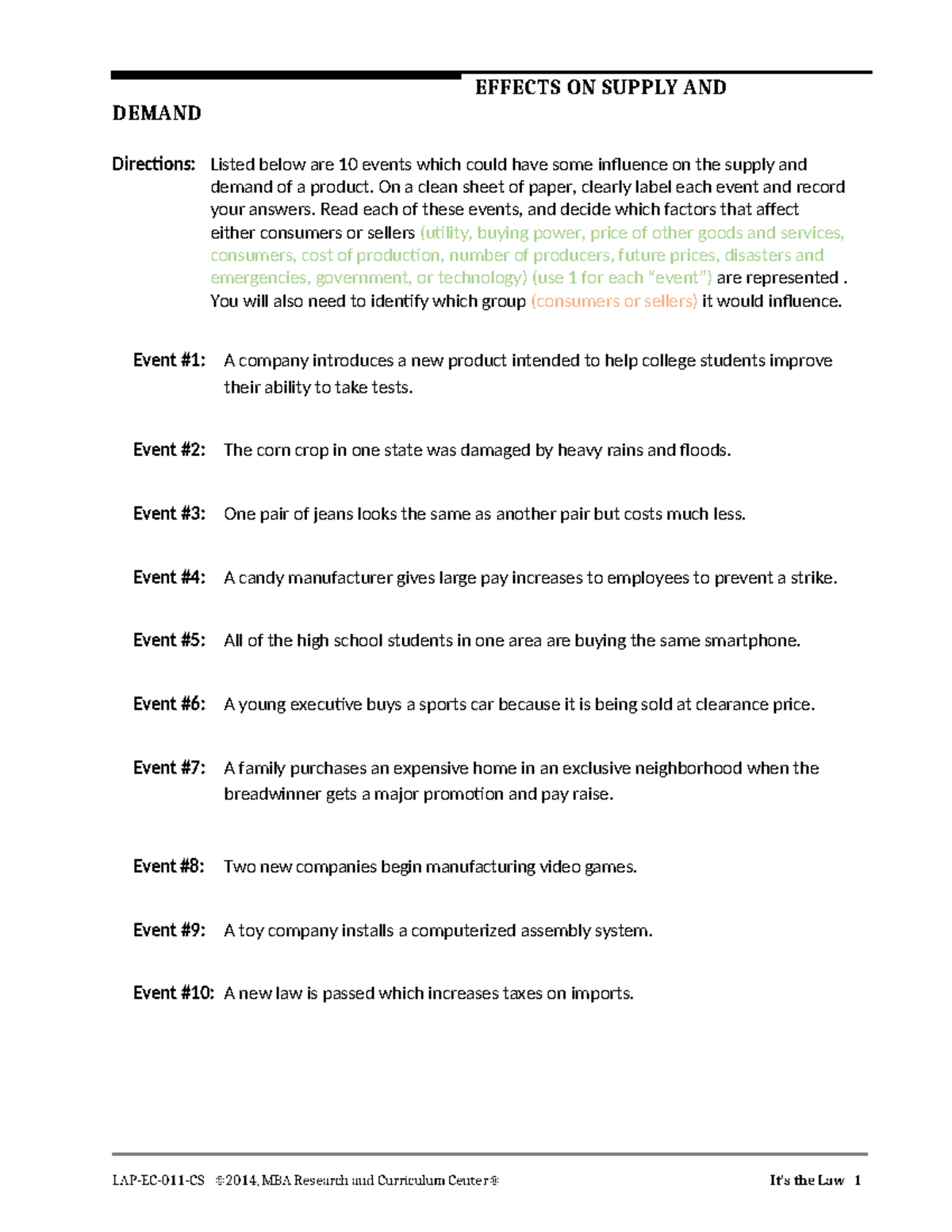 5.01 EC11 Effect on Supply and Demand WS - EFFECTS ON SUPPLY AND DEMAND ...