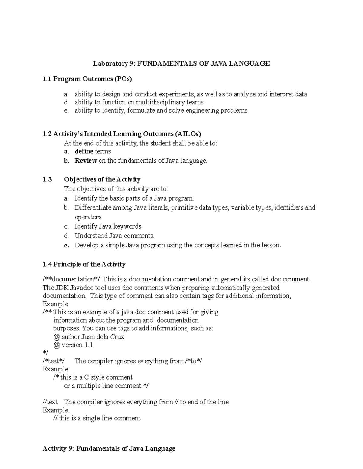 Laboratory Activity 9 - Lab about electronics - Laboratory 9: FUNDAMENTALS OF JAVA LANGUAGE 1 ...