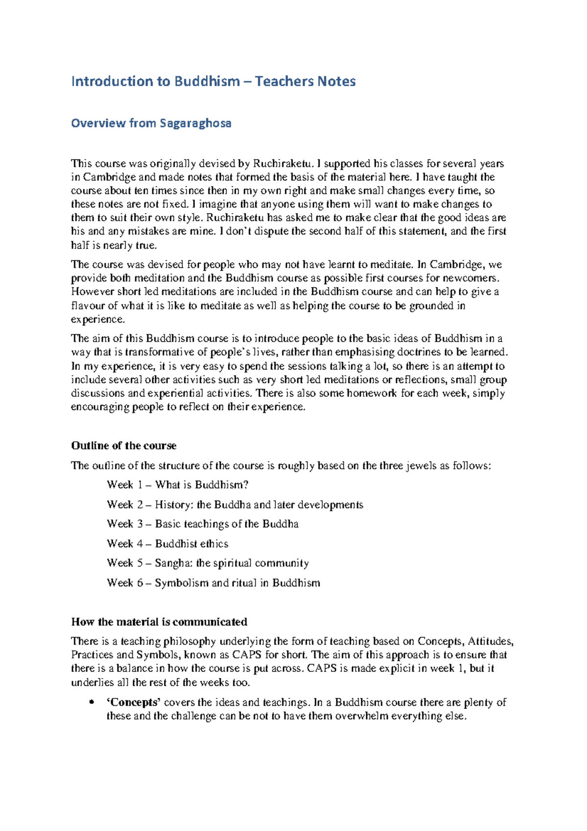 Introduction to buddhism course - teachers notes - Introduction to ...